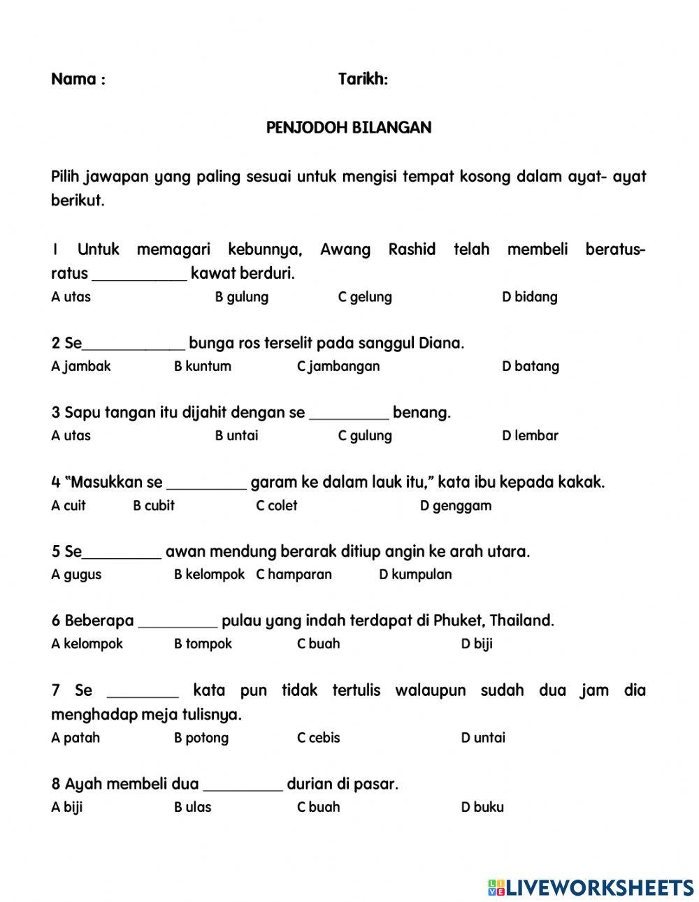 Penjodoh Bilangan Online Exercise For Rendah Atas Live Worksheets