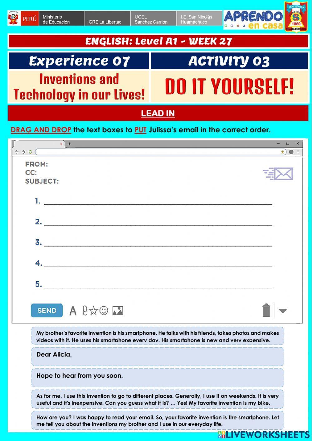Week 27 - ENGLISH A1 - Experience 7 - Activity 3. Do it yourself ...
