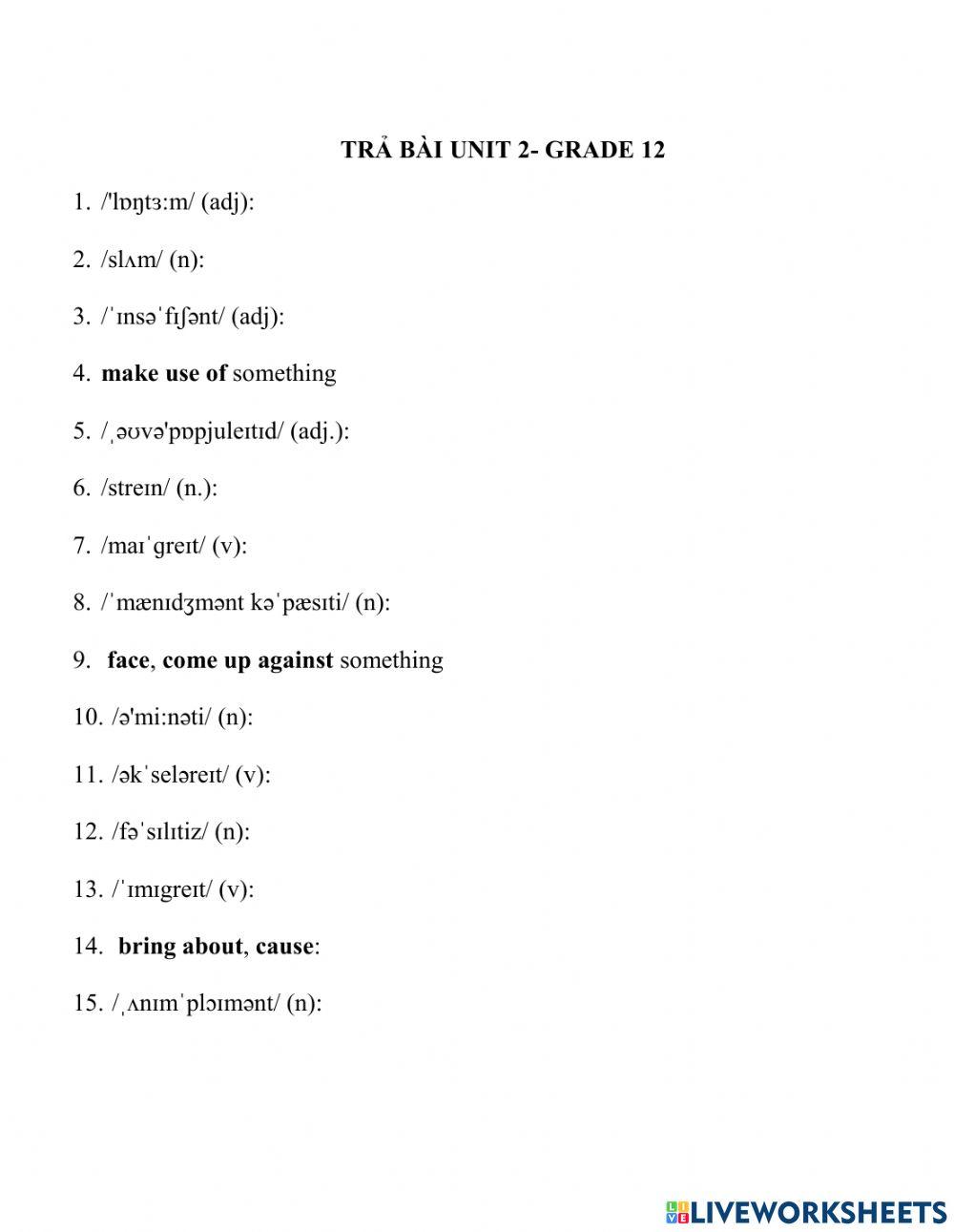 Unit 2 grade 12 Vocabulary worksheet | Live Worksheets
