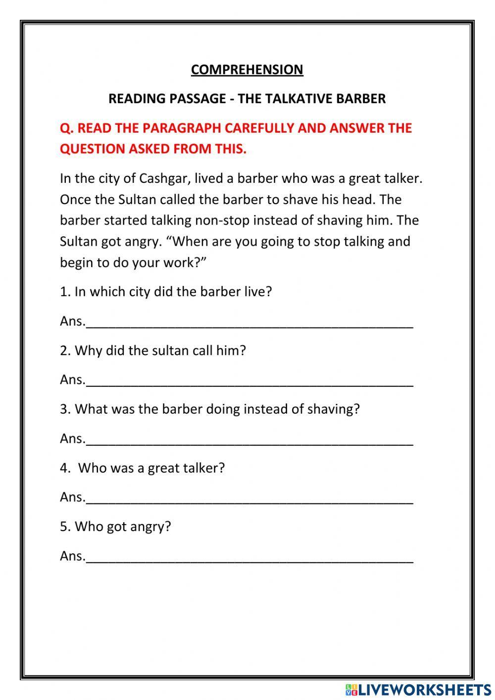 talkative barber worksheet 2 5197611 | KinanMonakvs