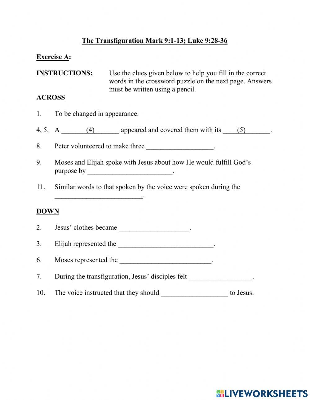 The Transfigura… | Free Interactive Worksheets | 1497485