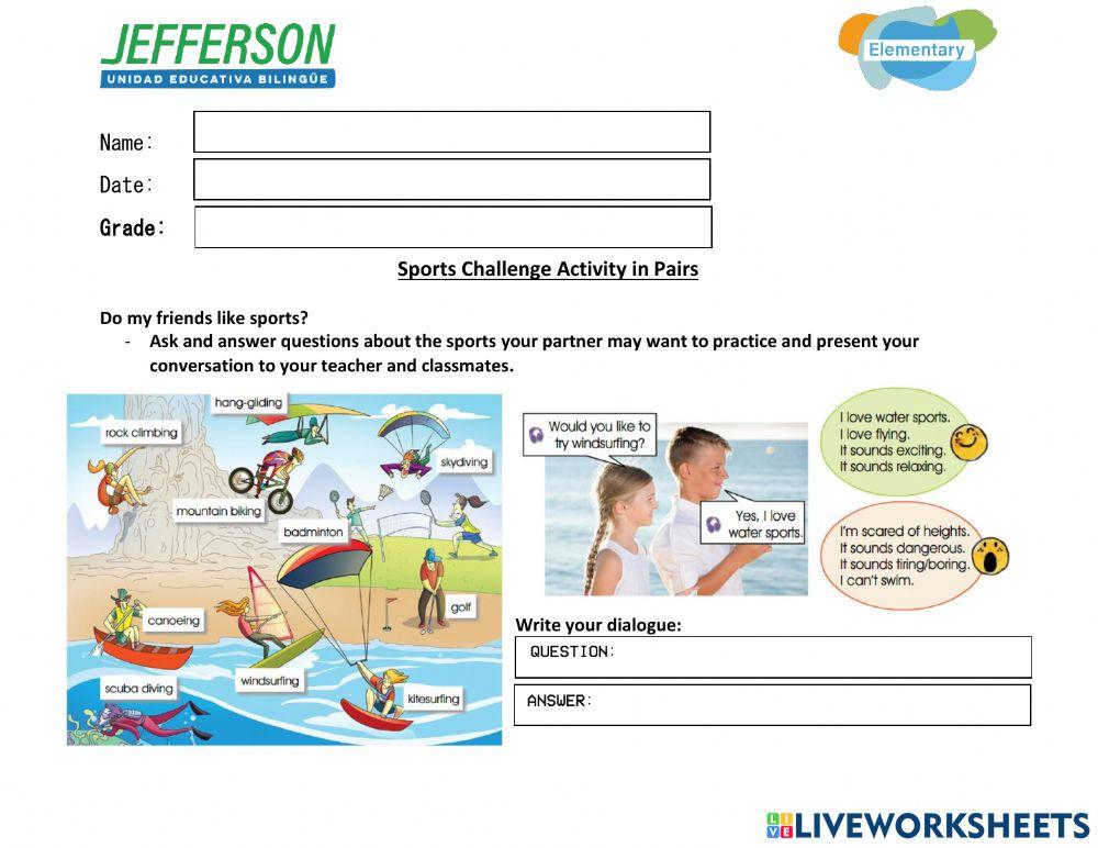 Sports Challenge Activity in Pairs worksheet | Live Worksheets