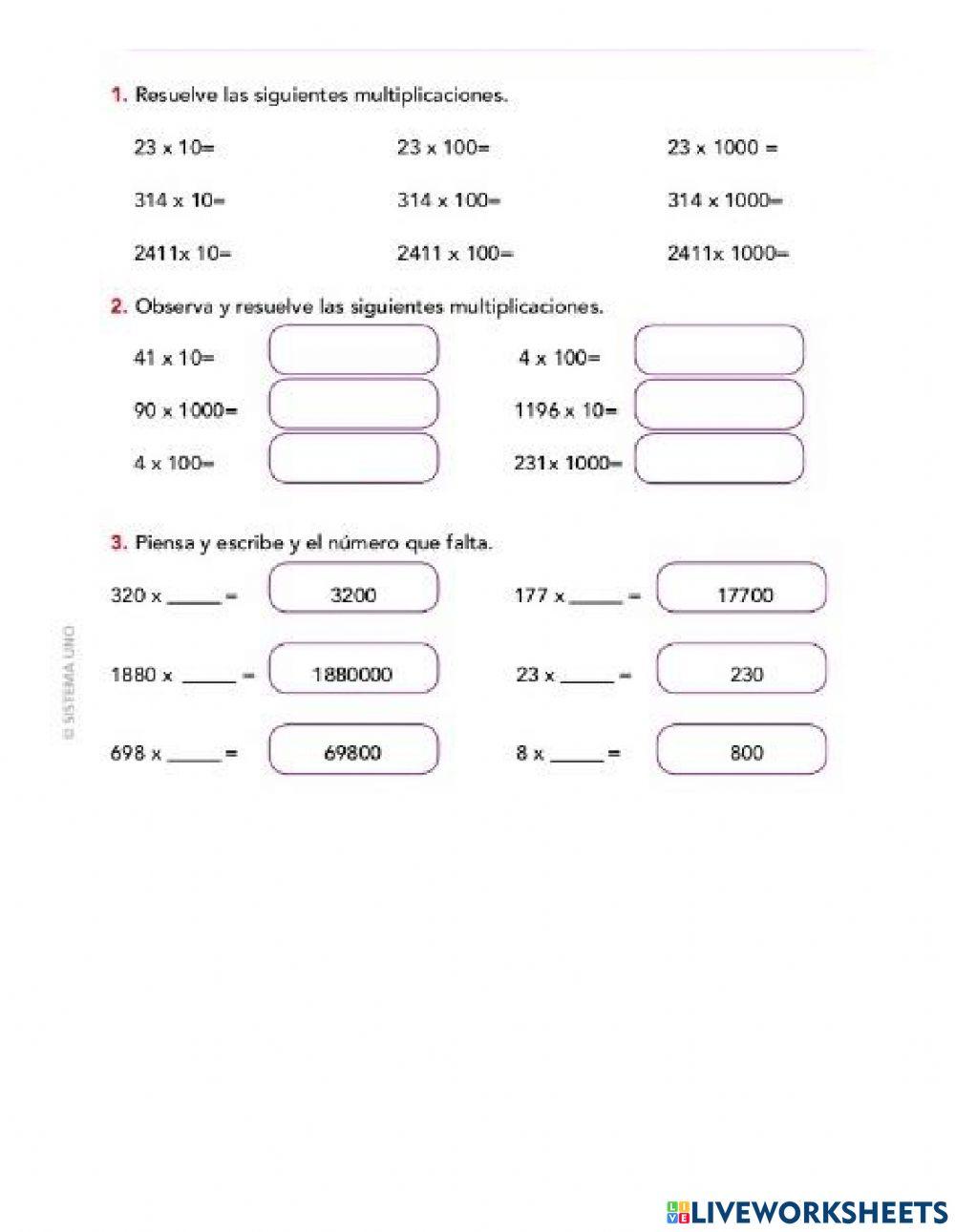 Multiplicaciones por 10 y sus múltiplos worksheet | Live Worksheets