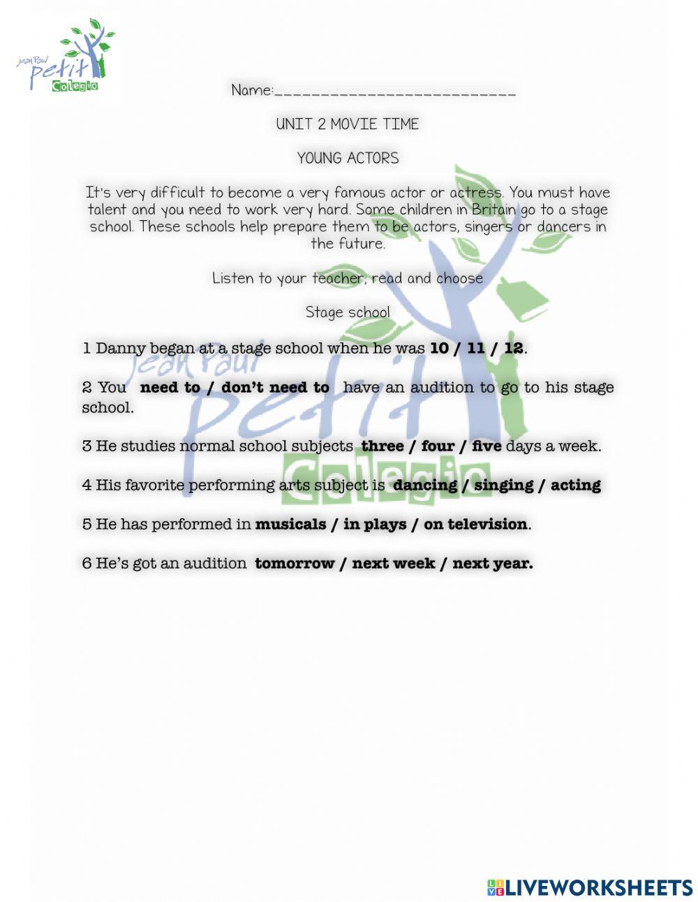 Young actor worksheet | Live Worksheets