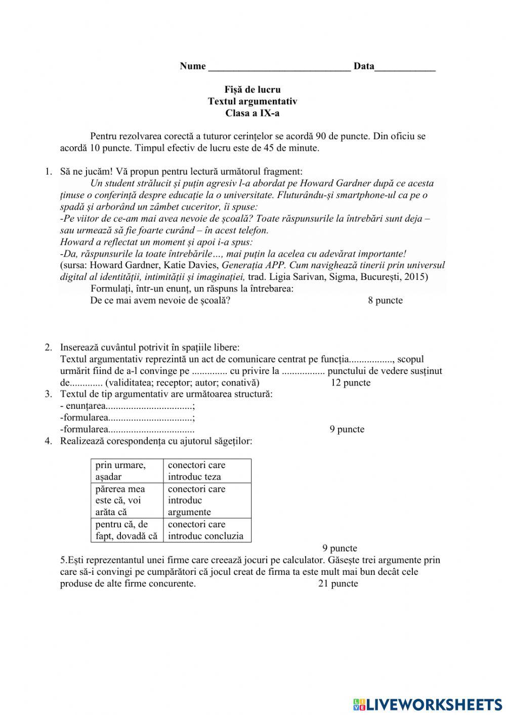 Textul argumentativ online exercise for | Live Worksheets