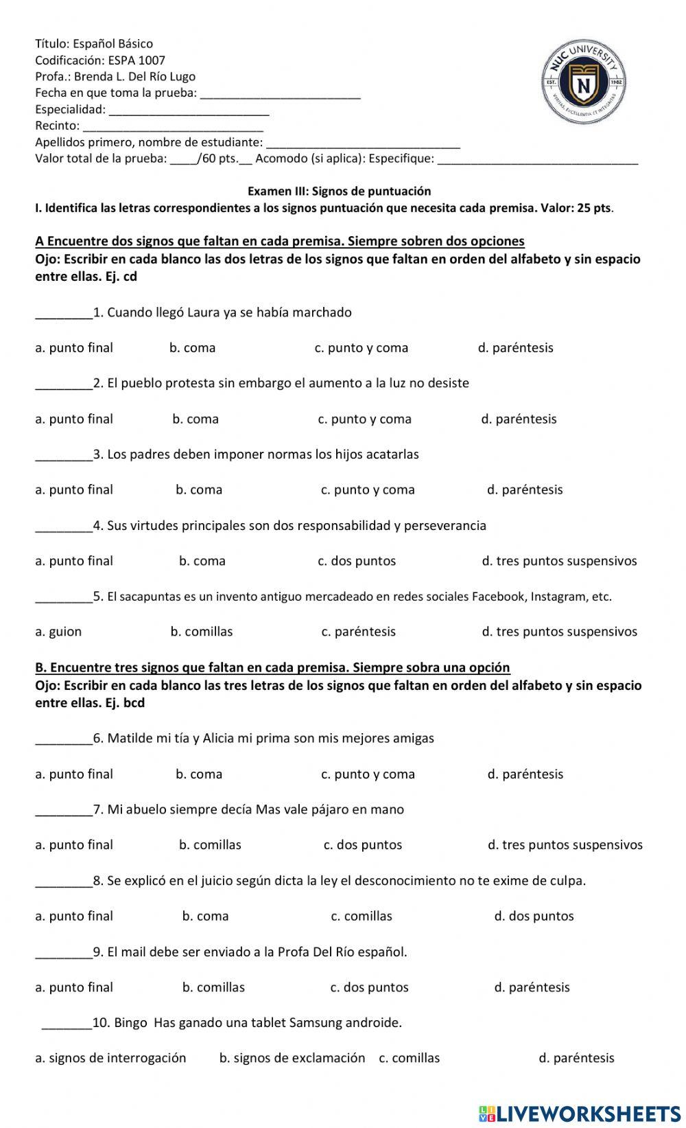 Examen III-Signos de Puntuacion-NUC-2021-22 online exercise for🅰 ... Examen III-Signos de Puntuacion-NUC-2021-22 online exercise for🅰 ...