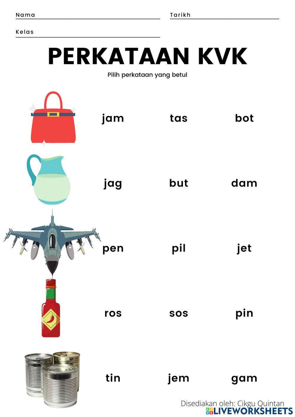 Perkataan kvk online exercise for 3 | Live Worksheets