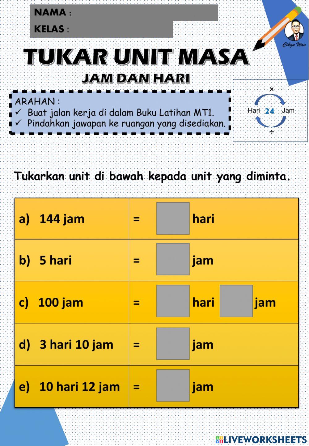 Tukar unit masa - jam dan hari worksheet | Live Worksheets