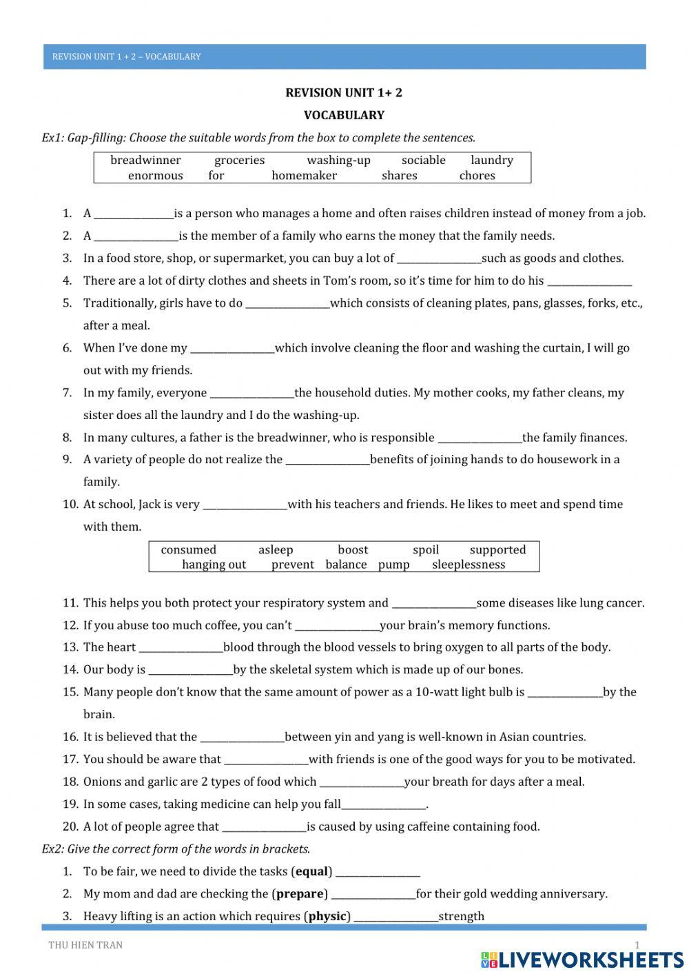 English 10 - Unit 1 + 2: Vocabulary revision worksheet | Live Worksheets
