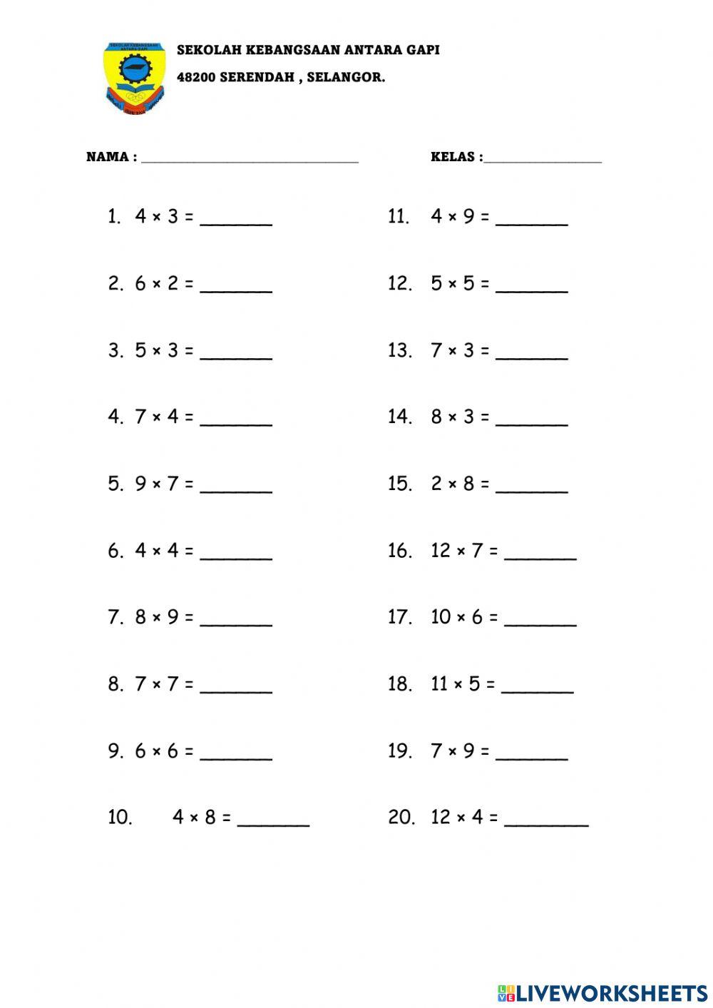 Sifir free exercise | Live Worksheets