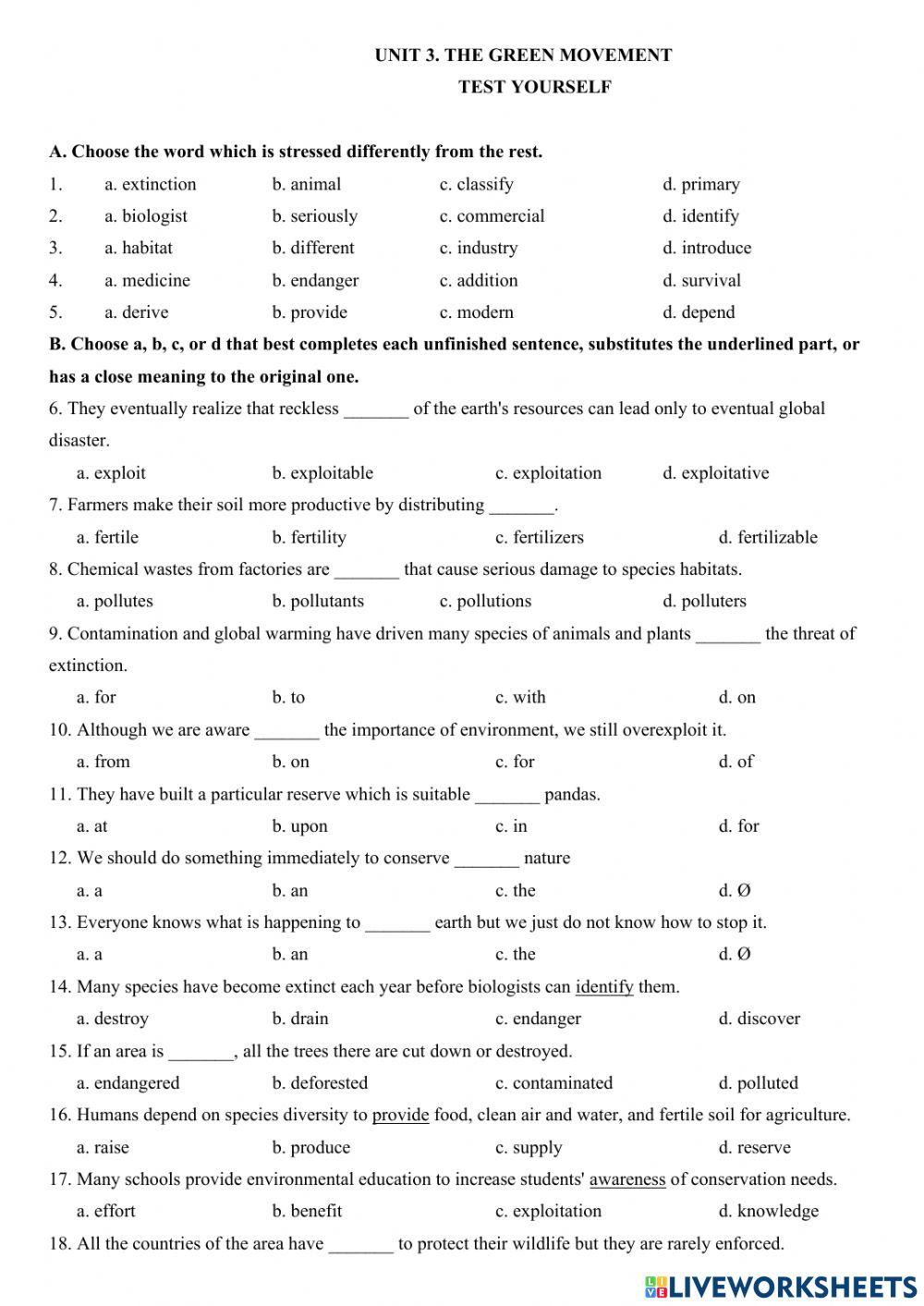Unit 3 the green movement test yourself worksheet | Live Worksheets