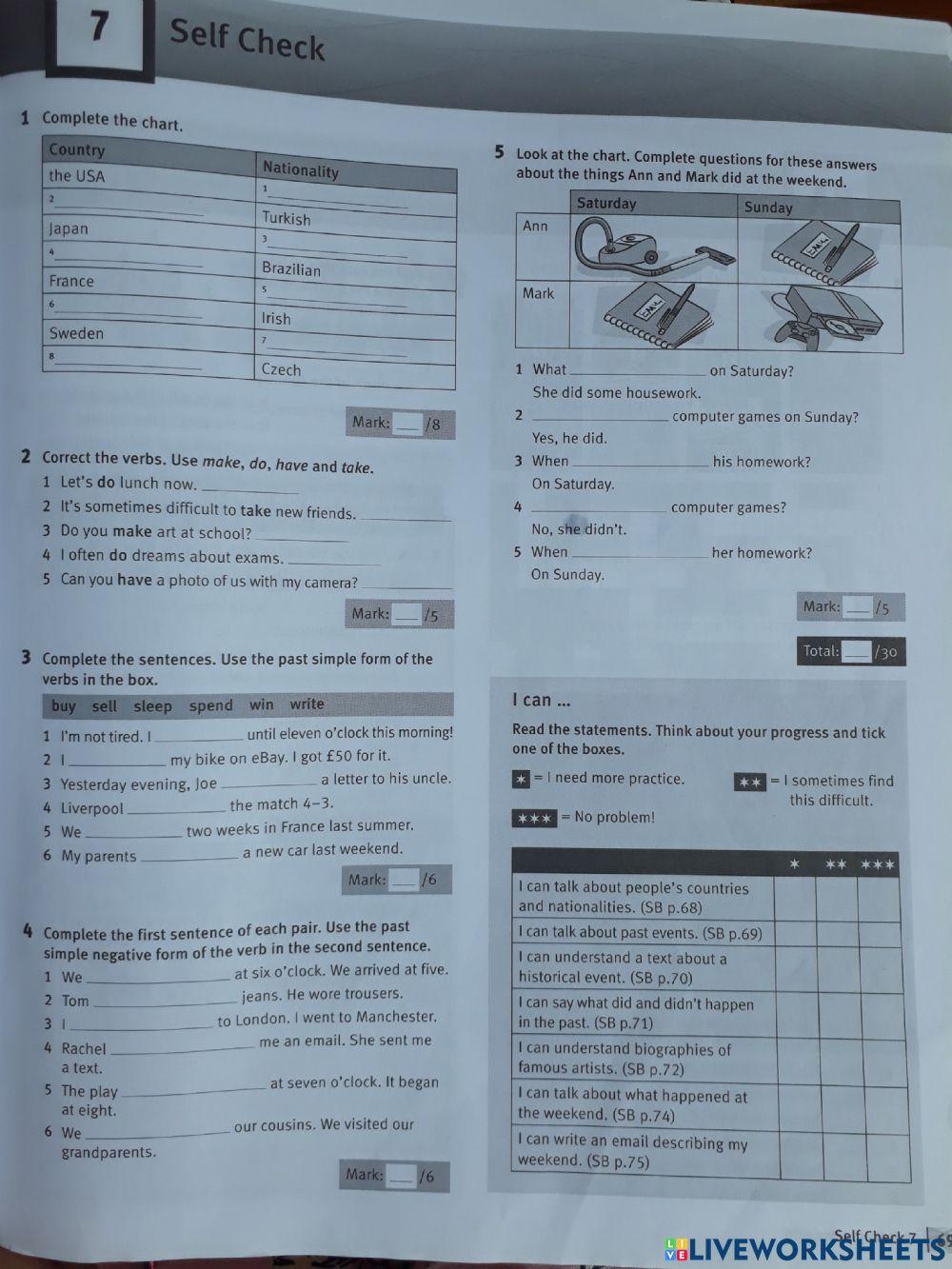 Self check -simple past worksheet | Live Worksheets