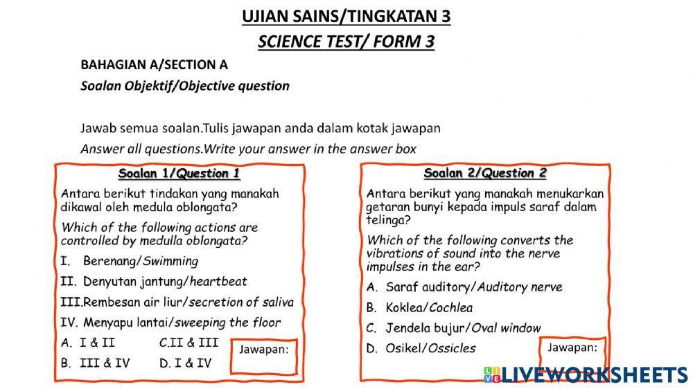 5198397 | SCIENCE TEST FORM 3 SECTION A (OBJECTIVE Q)