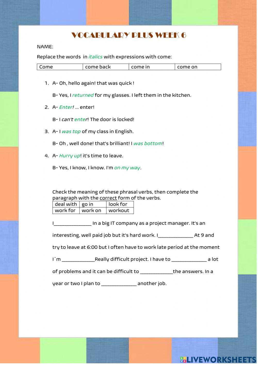 pre- intermediate vocabulary week 6 online exercise for | Live Worksheets