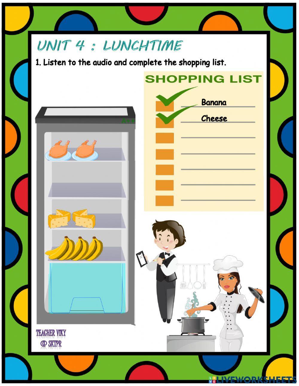Unit 4 Lunchtime (Shopping List) worksheet | Live Worksheets