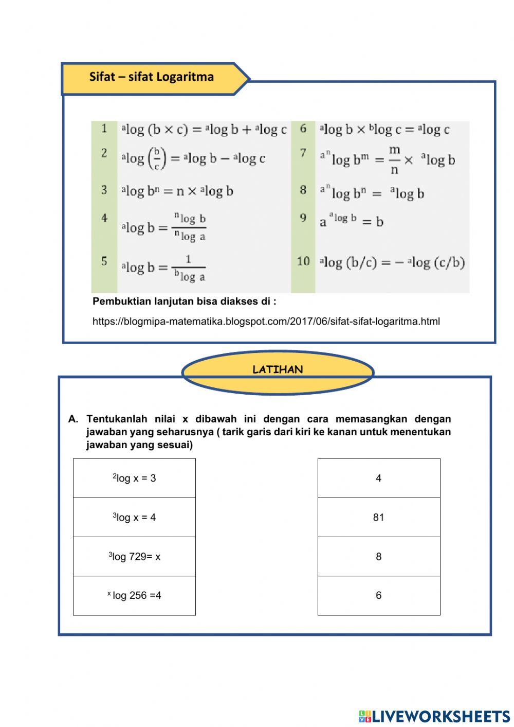 Logaritma interactive exercise | Live Worksheets