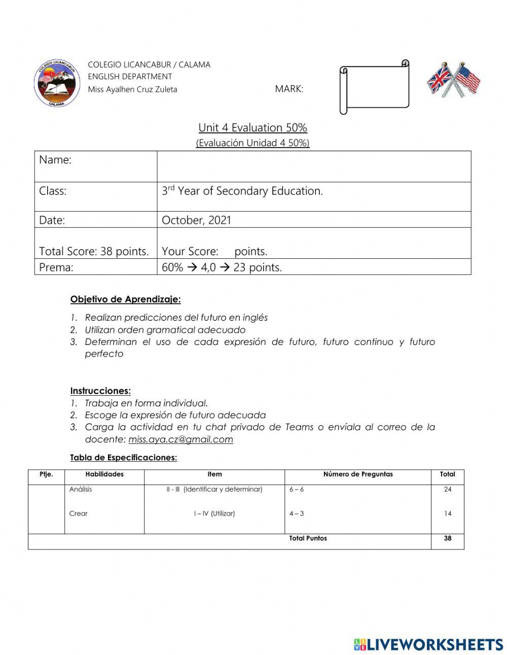 Prueba Unit 4 50- worksheet | Live Worksheets