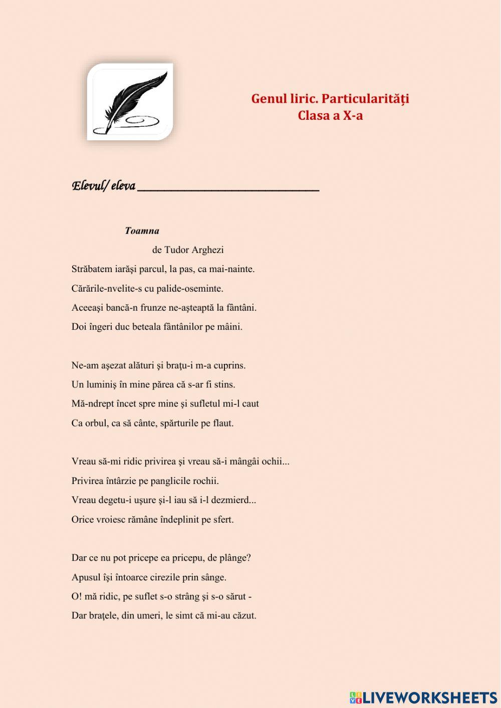 Genul liric worksheet | Live Worksheets