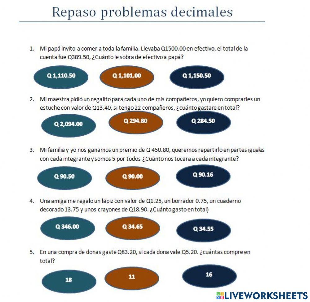 Problemas con números decimales worksheet for primaria | Live Worksheets
