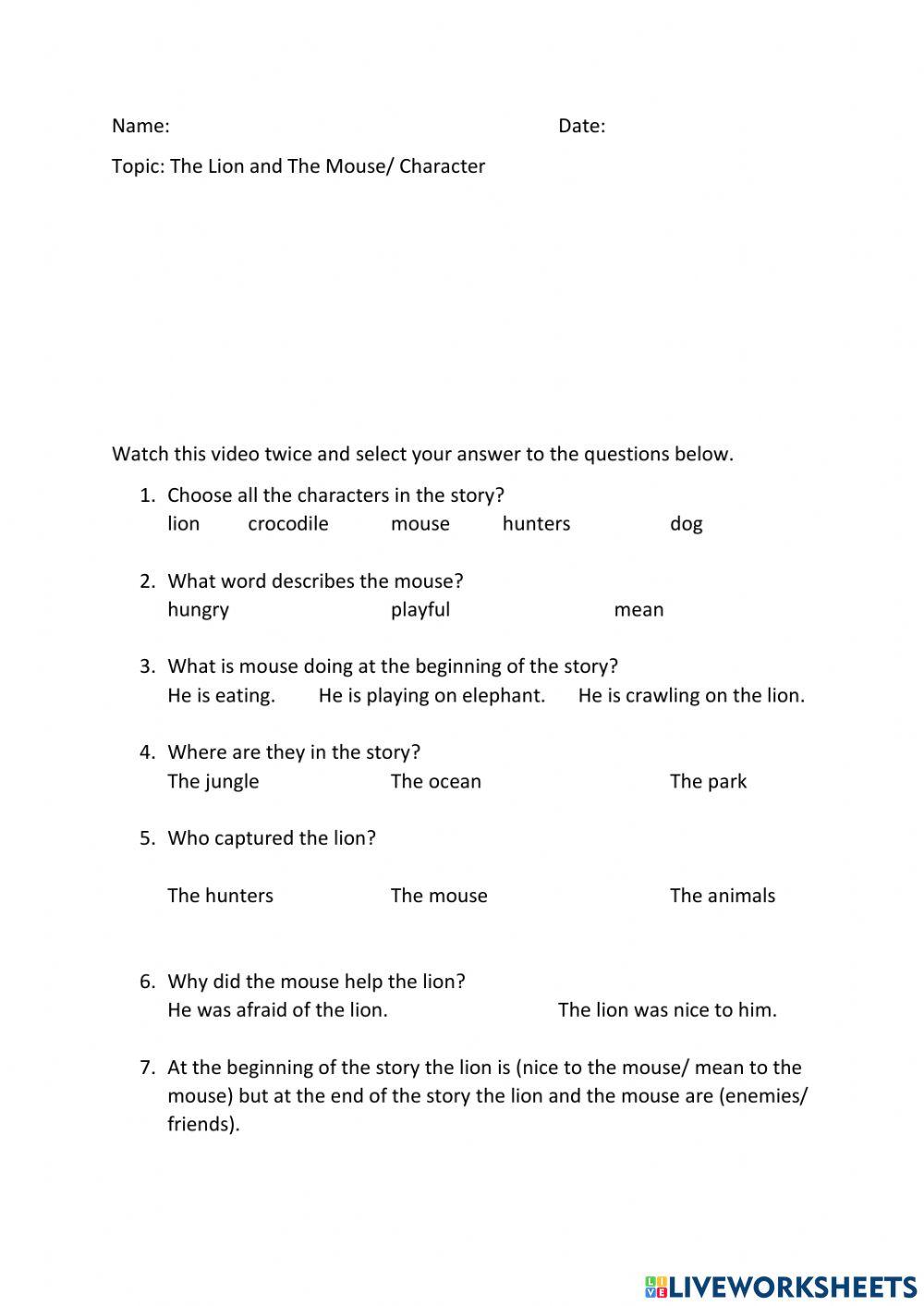 Listening Comprehension Character & Setting worksheet | Live Worksheets