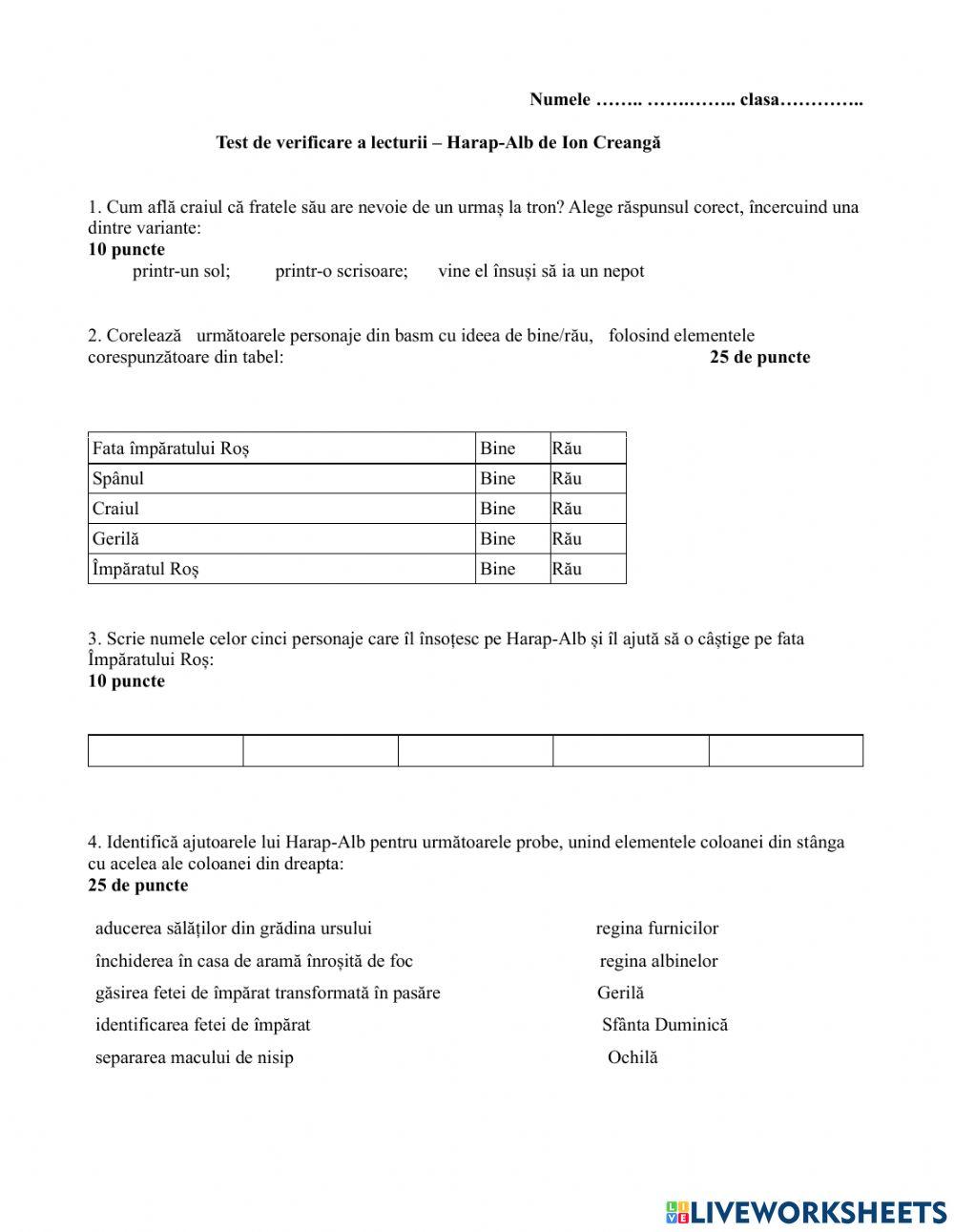 Harap-Alb clasa a X-a worksheet | Live Worksheets