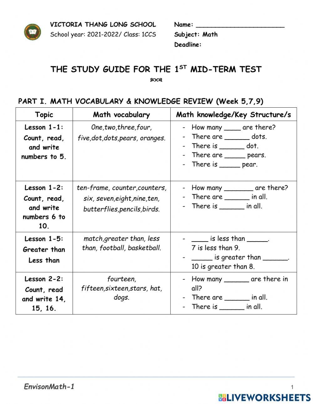 1ccs-MATH-Revision MIDTERM 2021-2022 worksheet | Live Worksheets