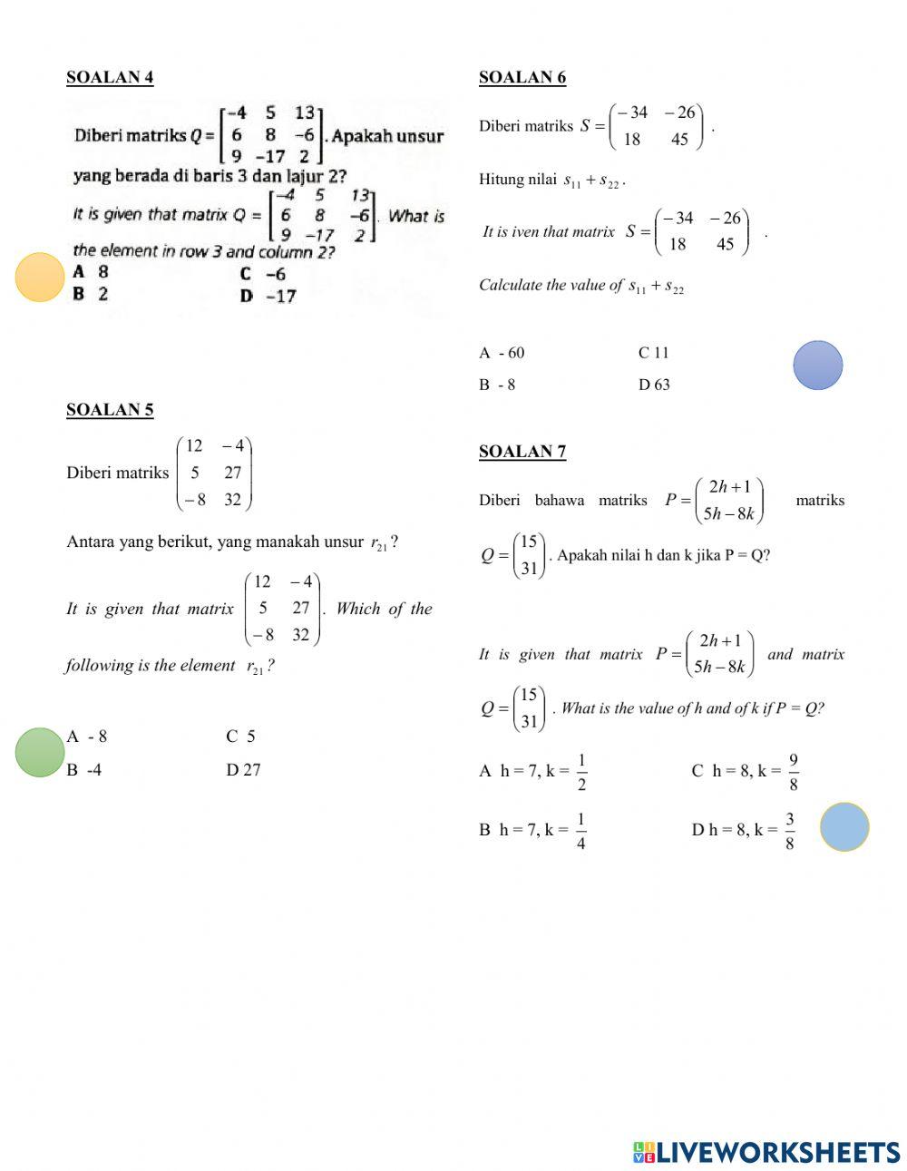Bab 2 matriks (objektif) worksheet | Live Worksheets