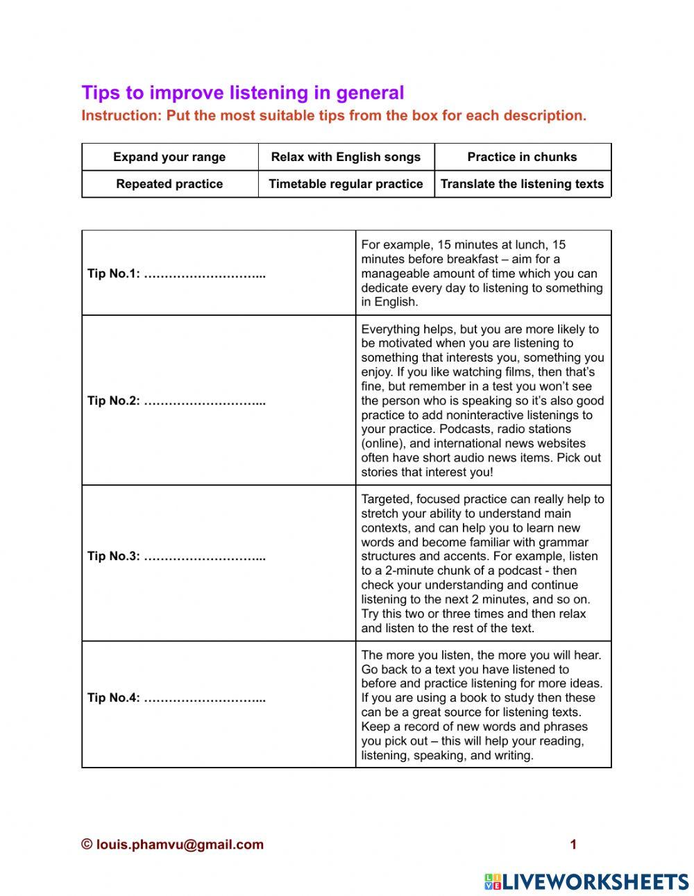 Student Activity: Matching the title - Tips for Listening in general ...