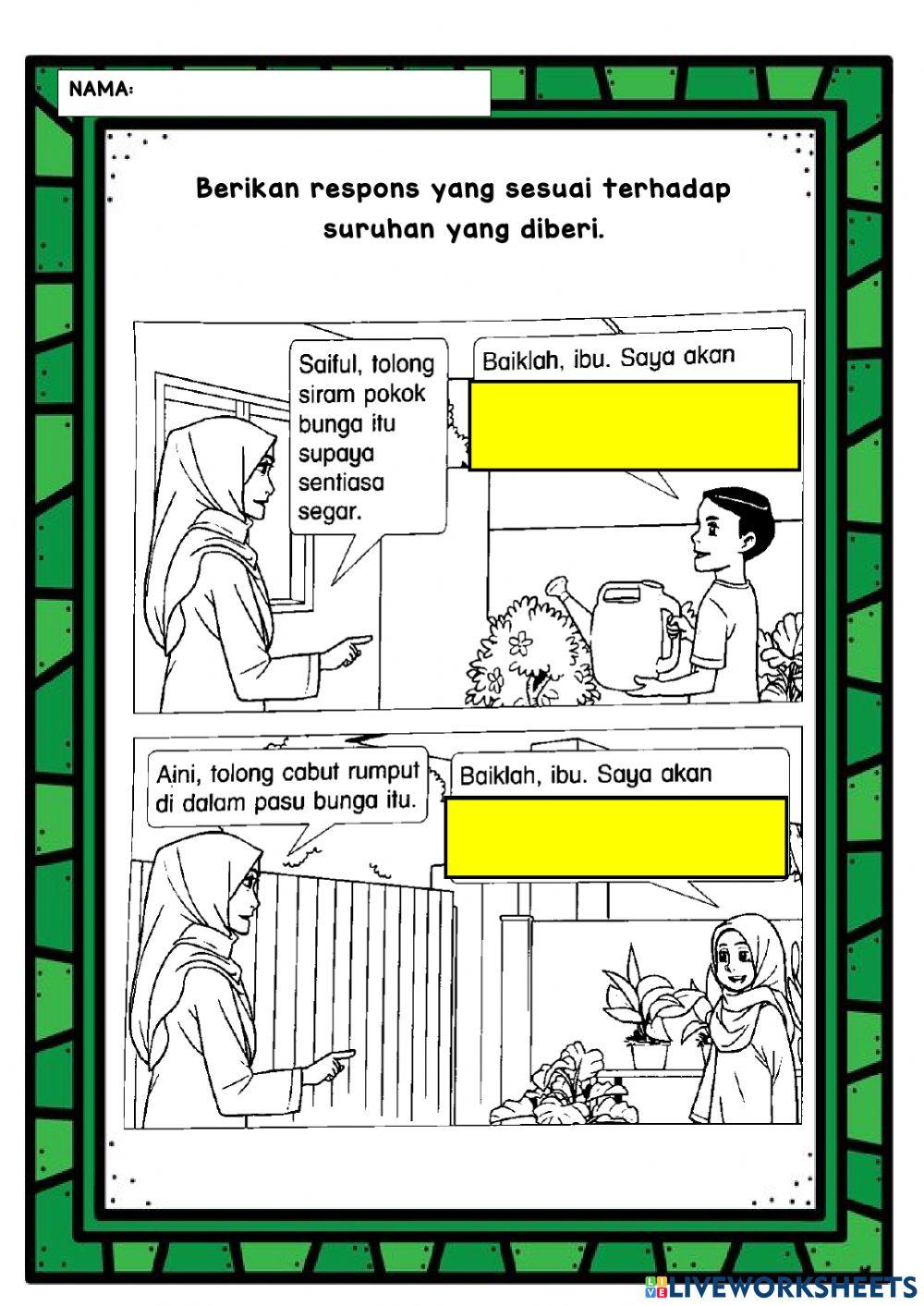 Berikan respons terhadap suruhan worksheet | Live Worksheets