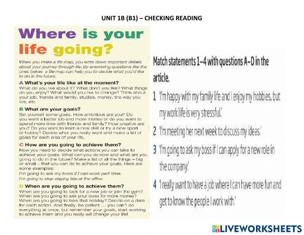 Unit 1b (b1) - checking reading worksheet | Live Worksheets