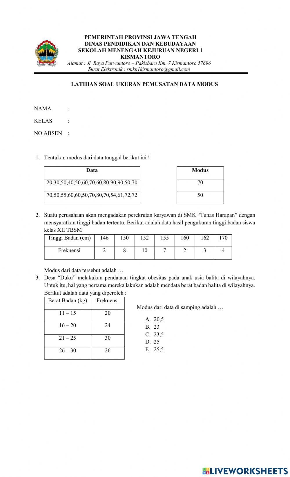 Latihan Soal Modus worksheet | Live Worksheets