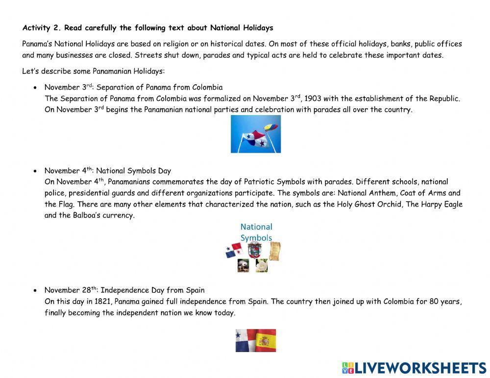 National Holidays in Panama worksheet | Live Worksheets