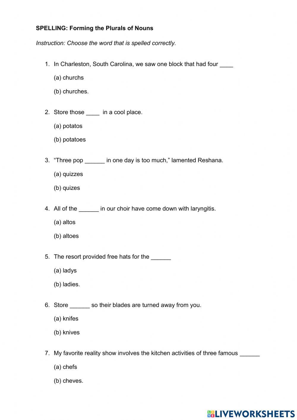SPELLING: FORMING PLURAL THE PLURALS OF NOUNS online exercise for ...