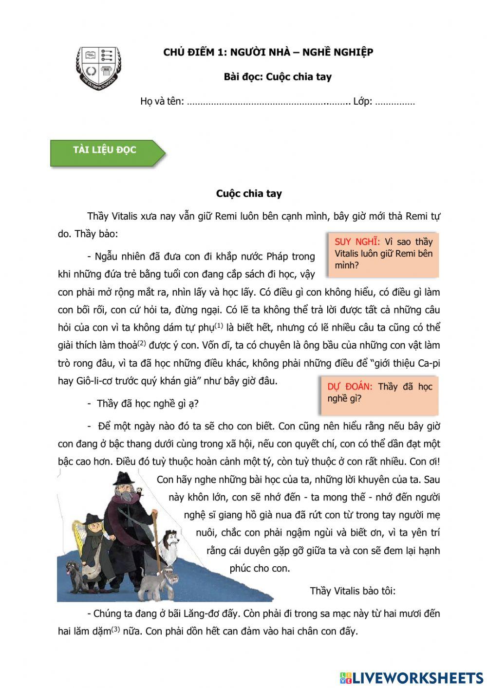 Phiếu đọc hiểu -Cuộc chia tay- worksheet | Live Worksheets