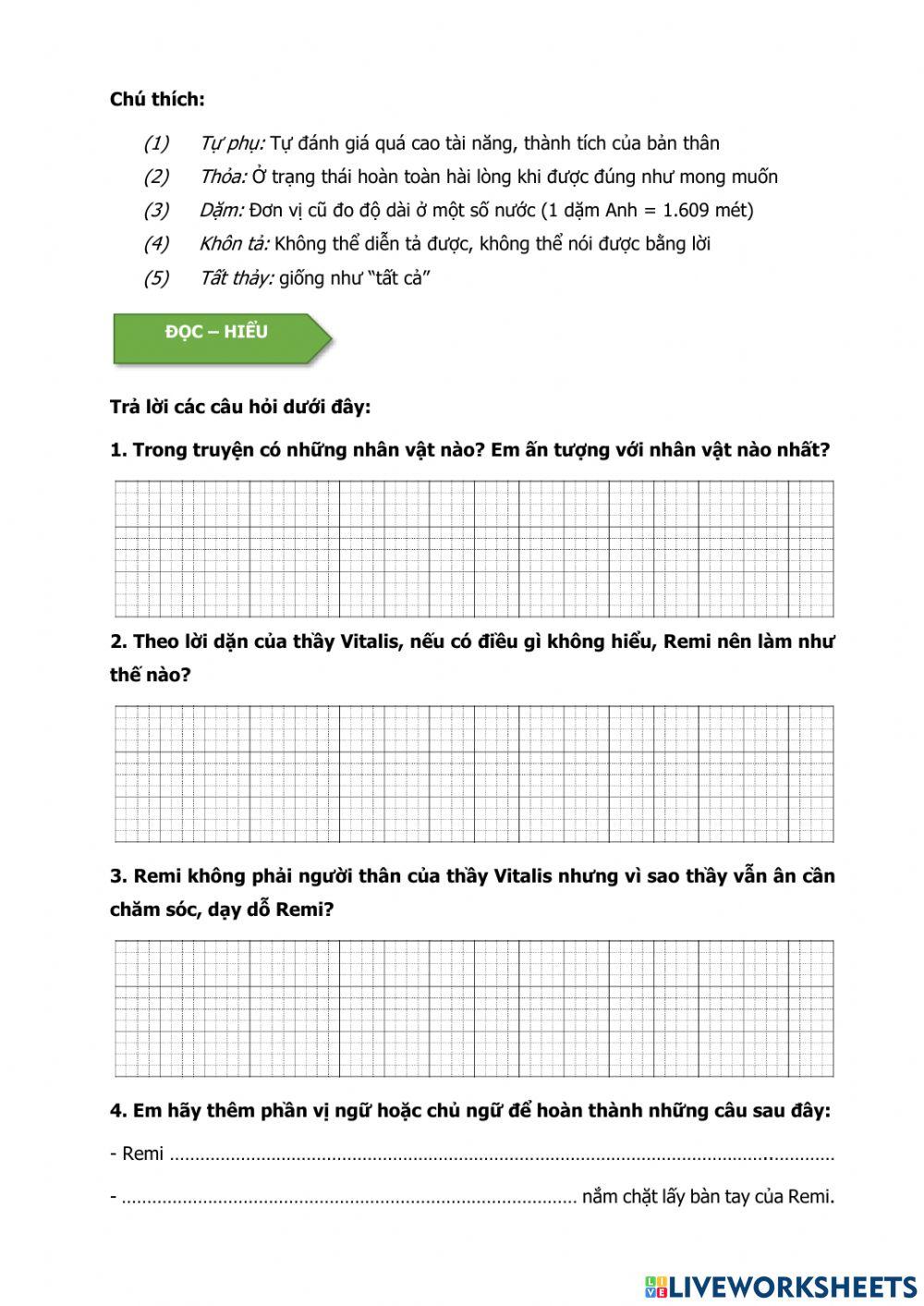 Phiếu đọc hiểu -Cuộc chia tay- worksheet | Live Worksheets