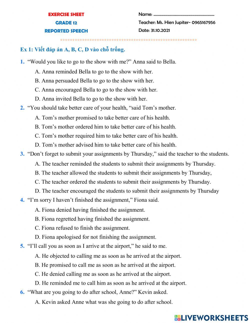 Reported speech online exercise for 12 | Live Worksheets