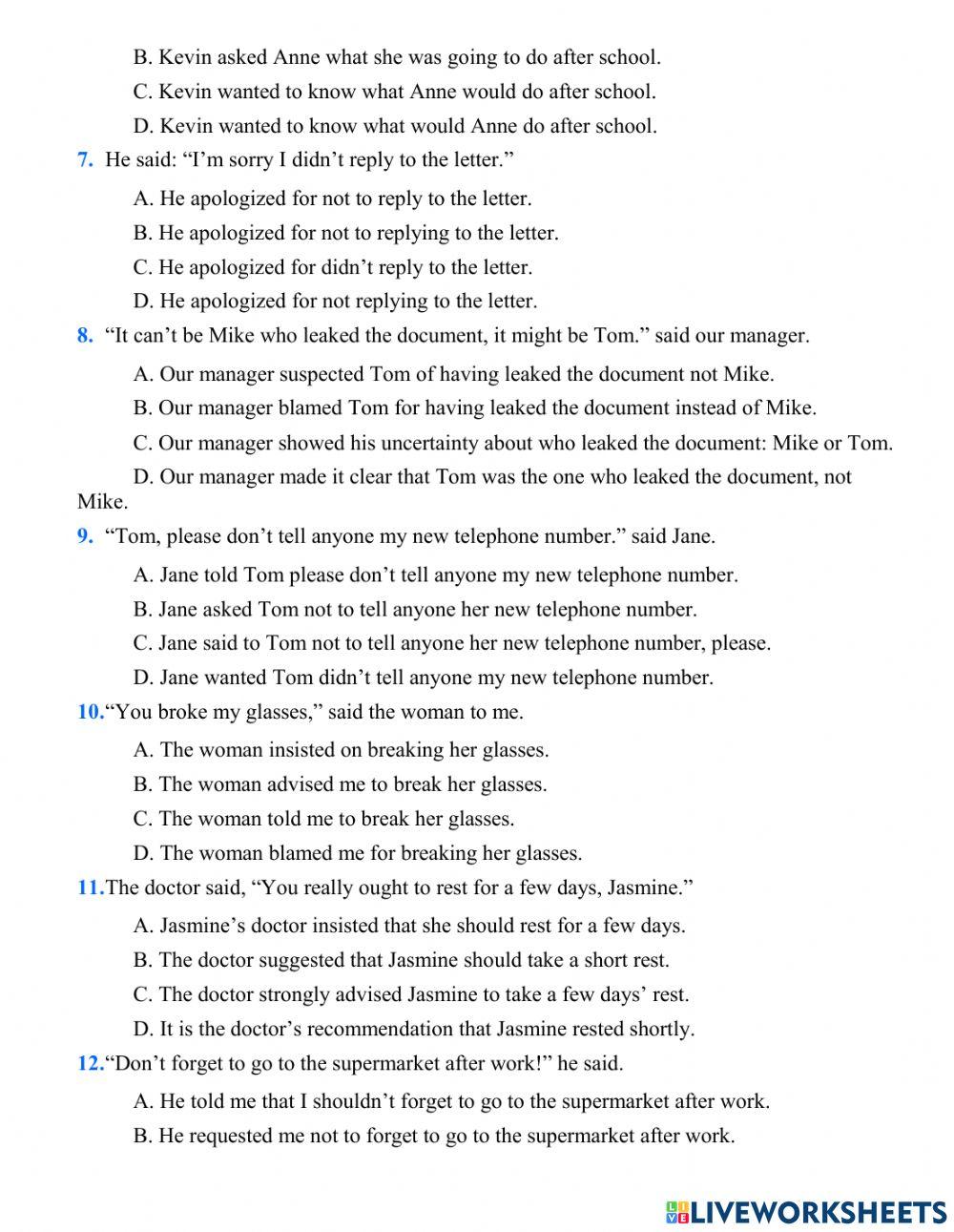 Reported speech online exercise for 12 | Live Worksheets