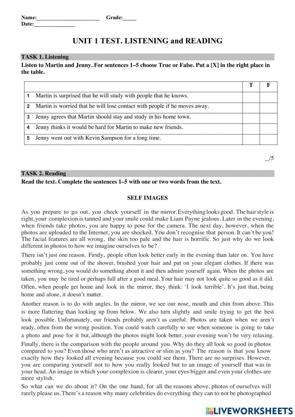 Unit 1 test interactive exercise for pre interm | Live Worksheets