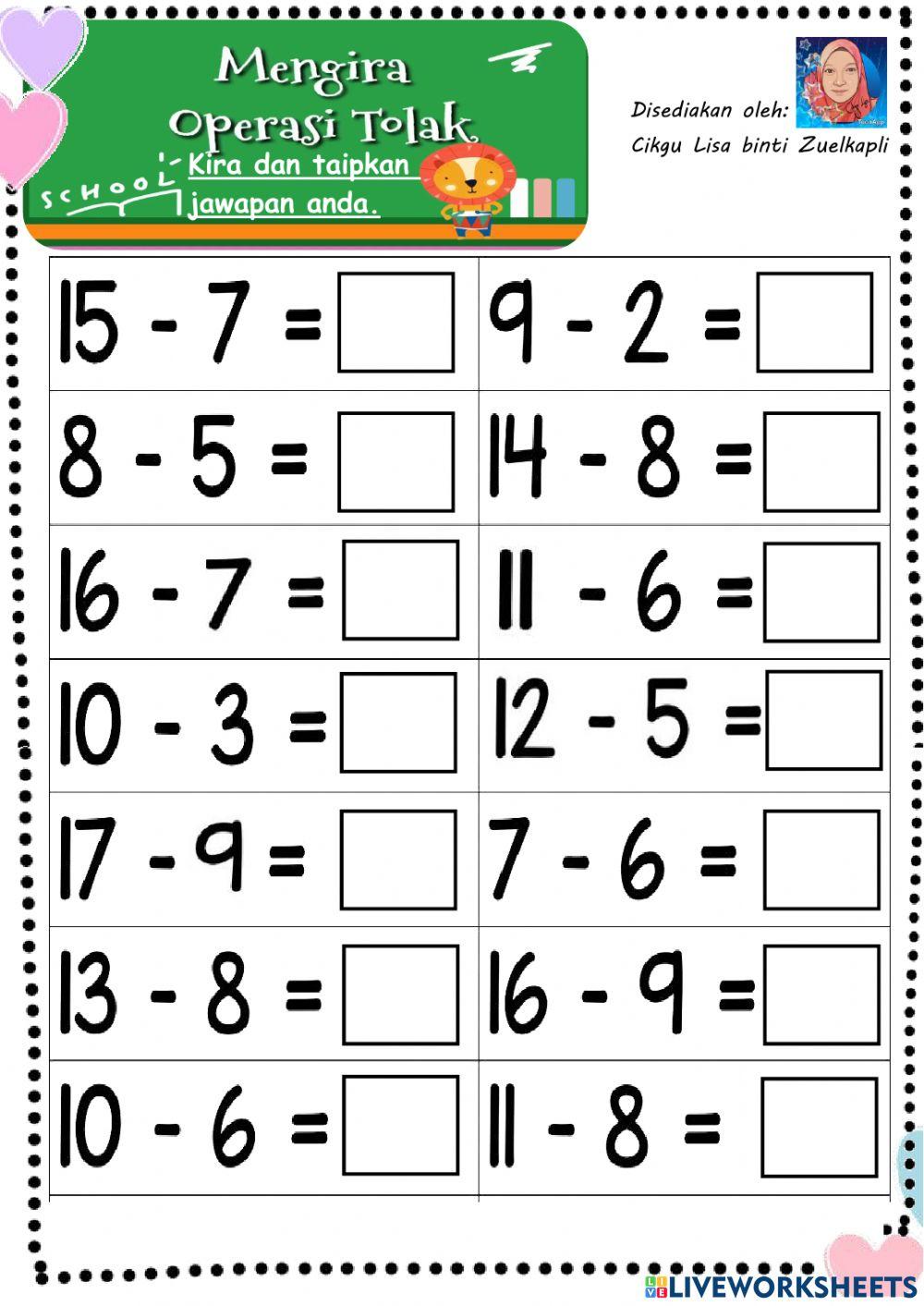 Tolak interactive exercise for TAHUN 1 | Live Worksheets