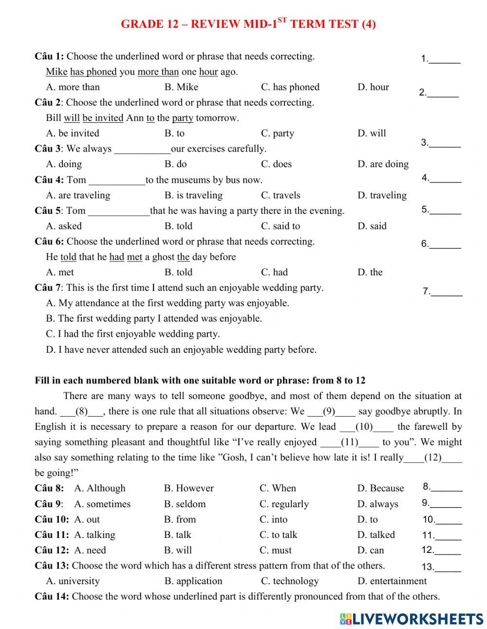 G11-Review Mid 1st term 4 worksheet | Live Worksheets
