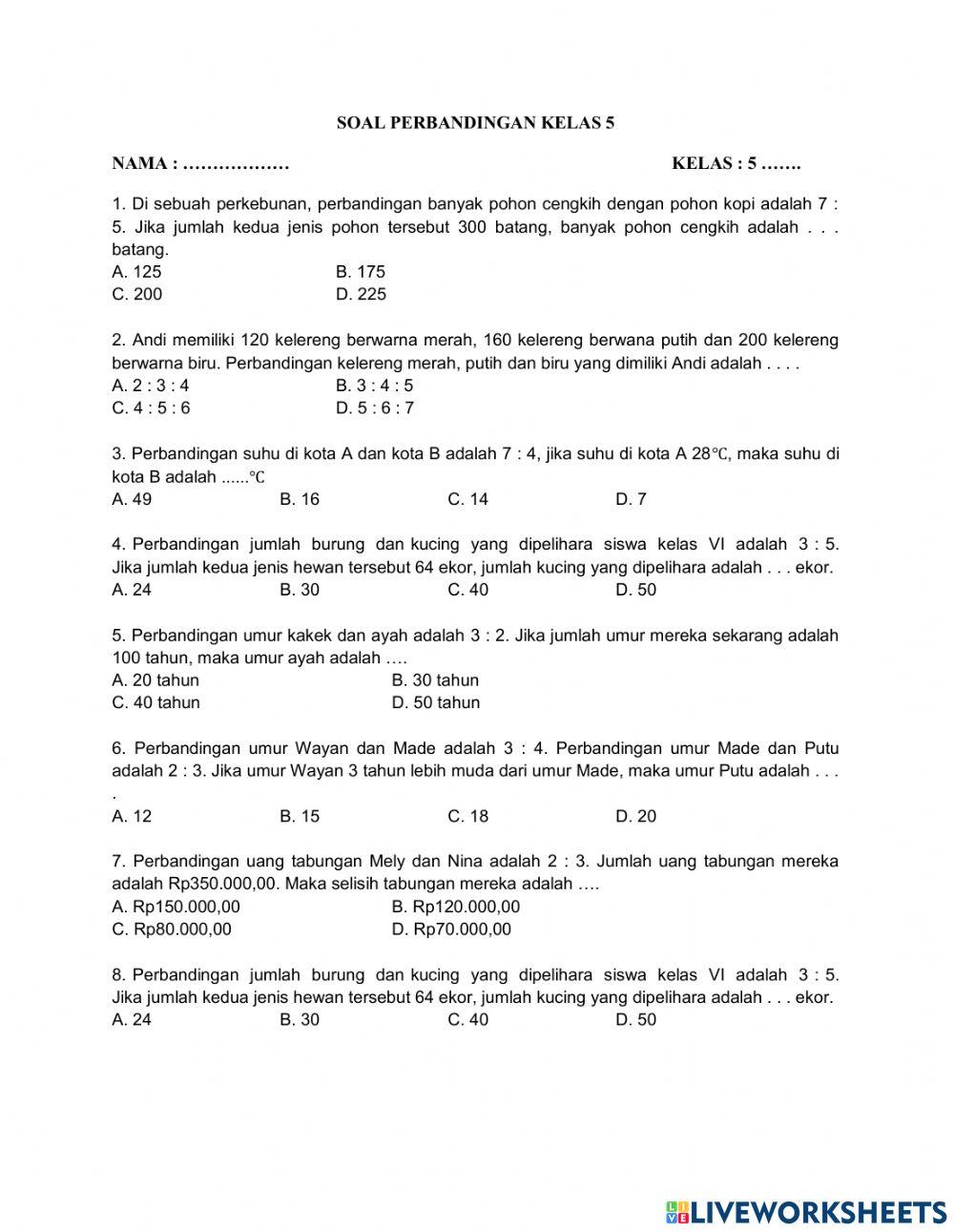 SOAL TENTANG PERBANDINGAN KELAS 5 online exercise for | Live Worksheets