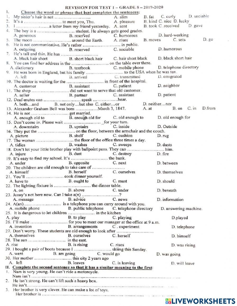 Grade 8 - Revision for Test 1 (2019 - 2020) 1592753