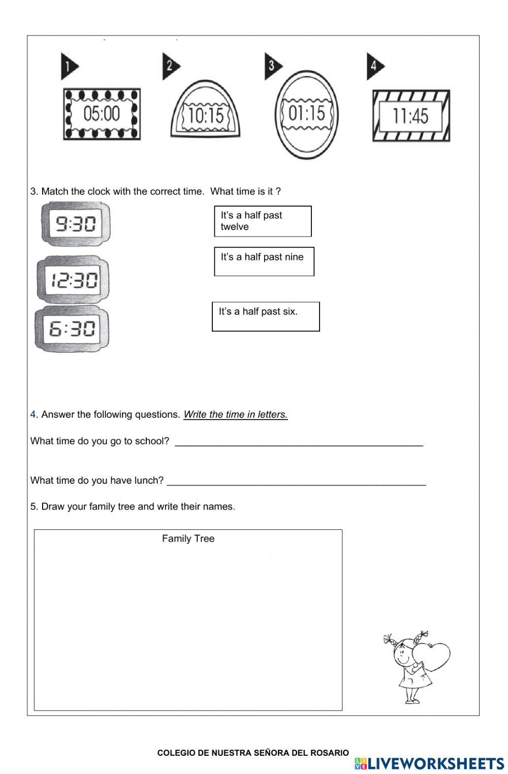 Family vocabulary and telling the time worksheet | Live Worksheets
