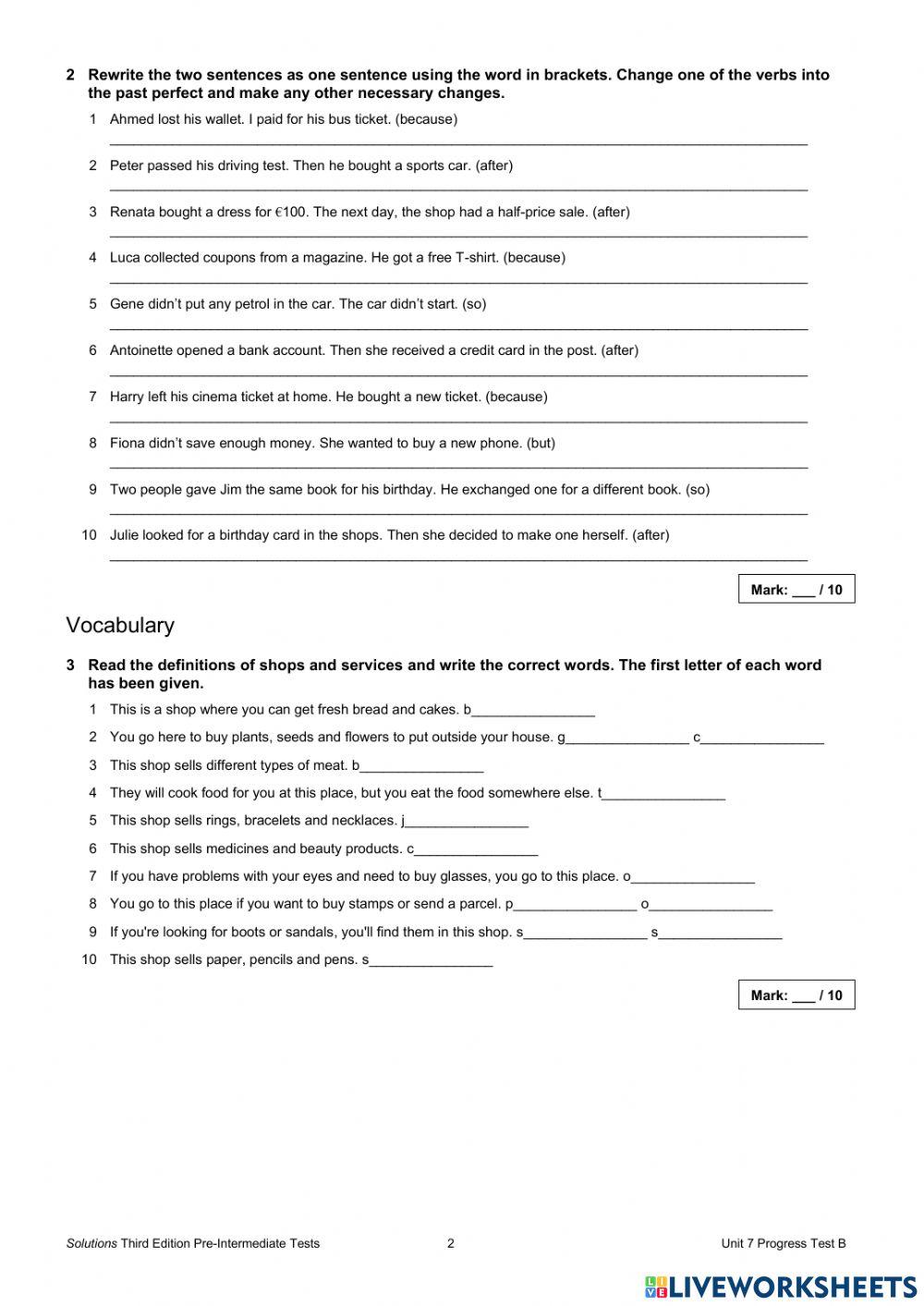 Solutions Pre-Intermediate, Unit 7 online exercise for | Live Worksheets