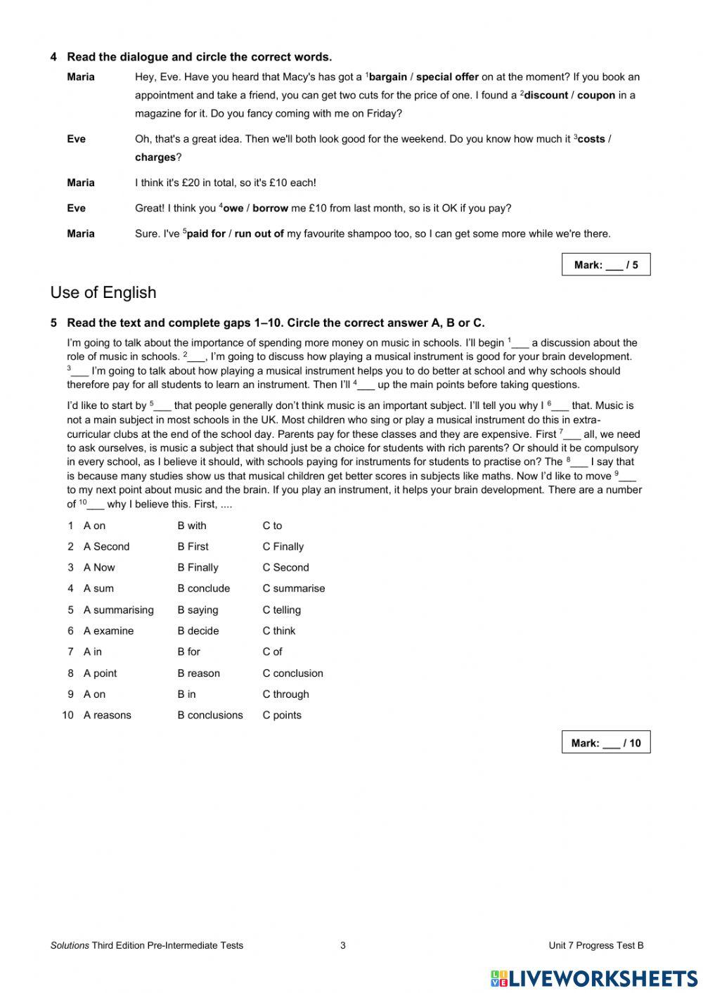Solutions Pre-Intermediate, Unit 7 online exercise for | Live Worksheets