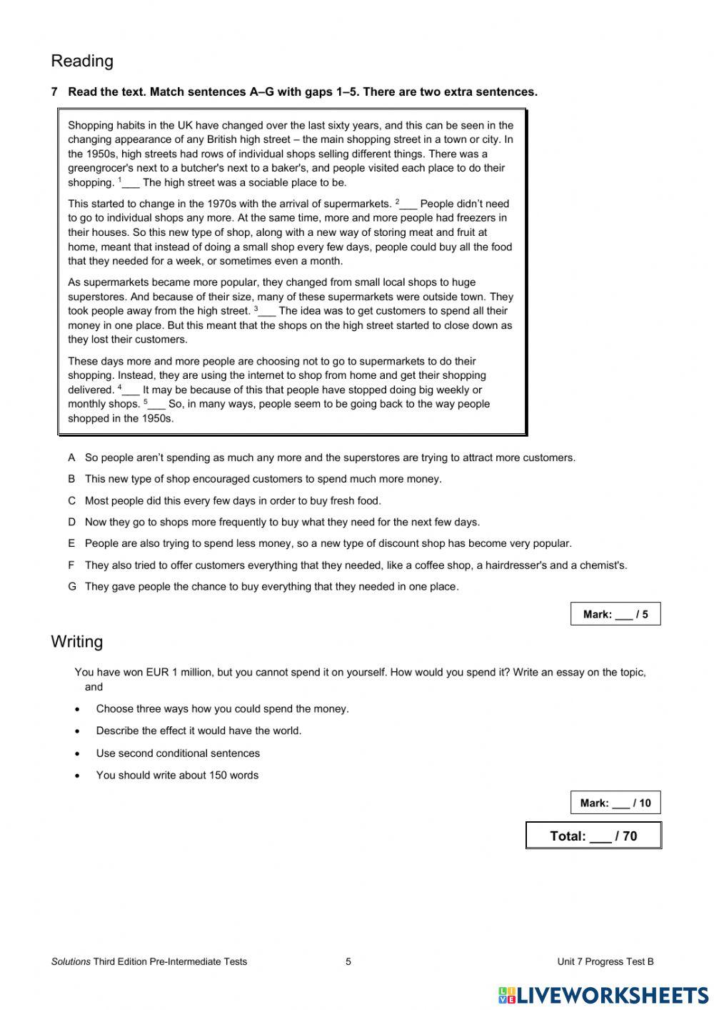 Solutions Pre-Intermediate, Unit 7 online exercise for | Live Worksheets