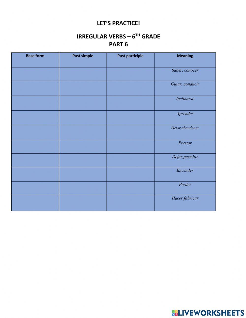 IRREGULAR VERBS TEST 6 6th Primary online exercise for | Live Worksheets
