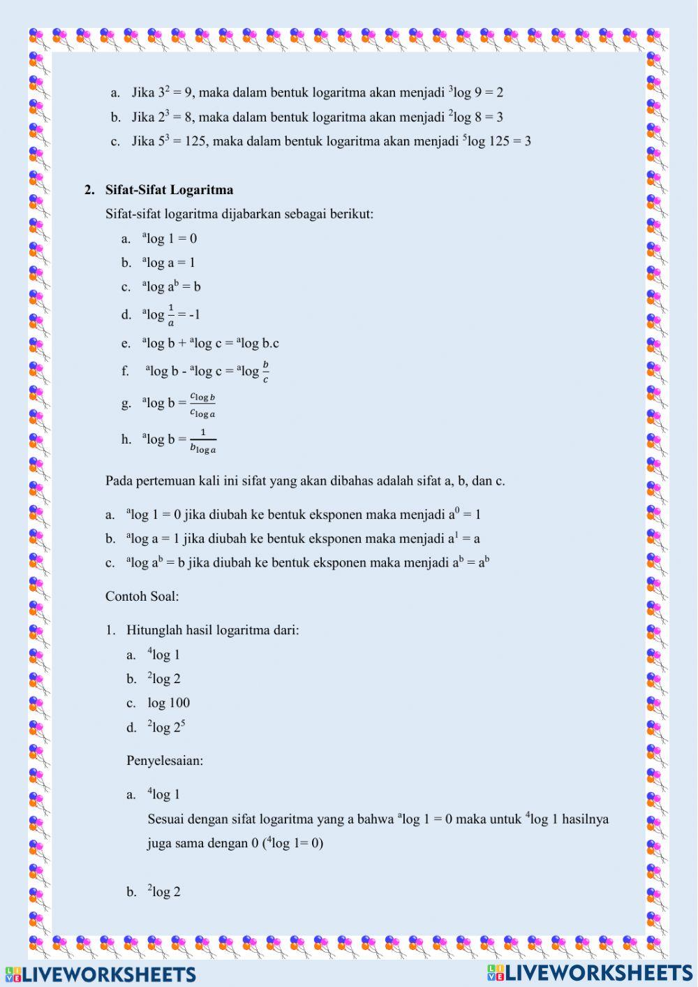 Konsep Logaritma | Free Interactive Worksheets | 1625344