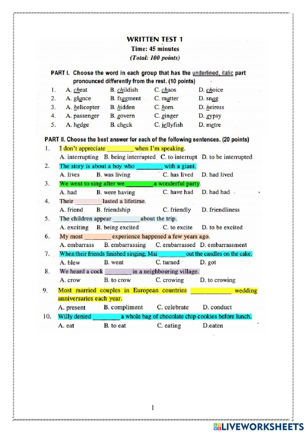 Written test unit 123 grade 11 worksheet | Live Worksheets