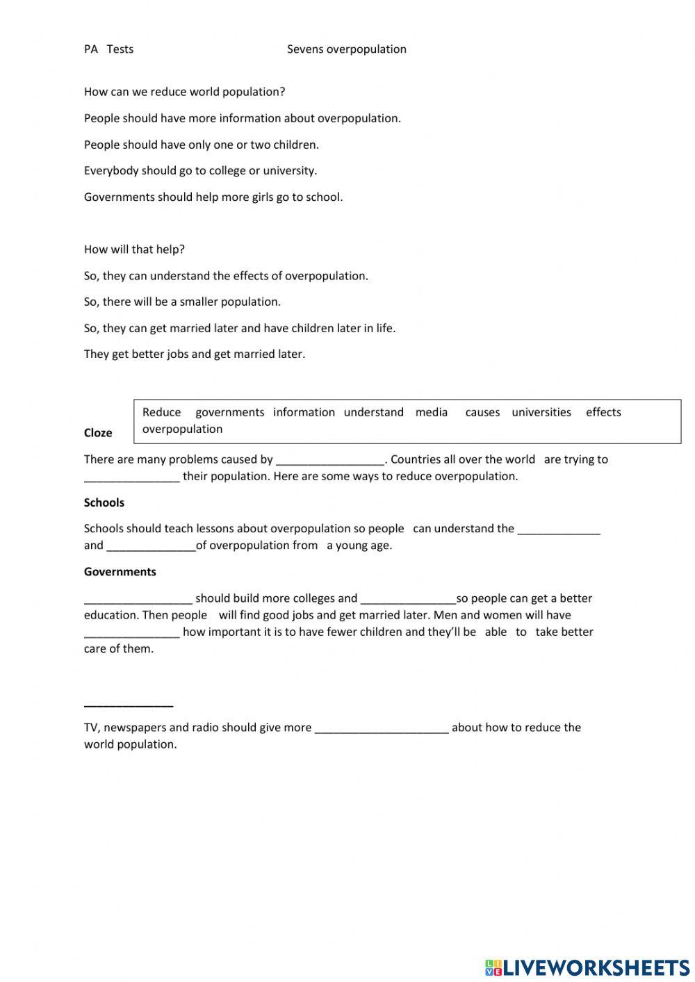 Reducing Overpopulation-sevensL3 online exercise for | Live Worksheets